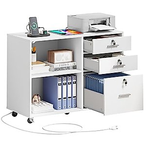 YITAHOME File Cabinet with Charging Station, Mobile Lateral Filing Cabinet with Lock for Home Office, Printer Stand with Open Storage Shelf, Fits A4, Letter Size Files, Office Furniture, White