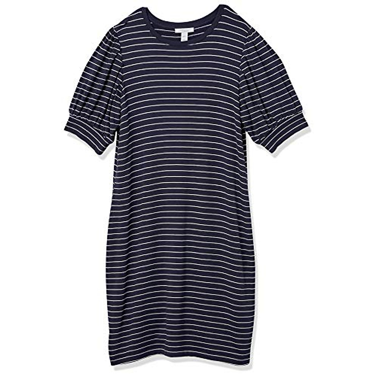Amazon Essentials Women's Supersoft Terry Relaxed-Fit Short-Sleeve Puff-Sleeve Dress (Previously Daily Ritual), Navy White Mini Stripe, Large