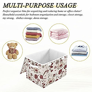 Kigai Vintage Red Flowers Storage Bins with Lids and Handles 17x13x12 In Foldable Fabric Storage Basket Toys Clothes Organizer for Shelves Closet Home Bedroom Office