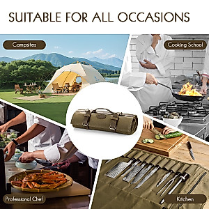 HEZHEN Chef Knife Roll Bag 16oz Oil Waxed Canvas, Heavy Duty Portable Backpack Knife Case Storage, 12 Slots & 2 Zipper Pockets, Detachable Adjustable Leather Shoulder Strap Belt（Not Included Knives）