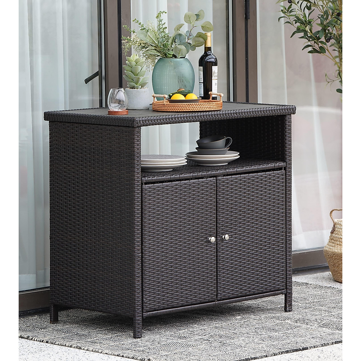 Grand patio Wicker Storage Cabinet Outdoor Waterproof Buffet Cabinet Patio Bar Table with Two Doors and Shelves Wicker Sideboard for Garden Kitchen Pool Dark Brown