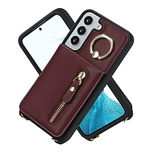 Jaorty for Samsung Galaxy S22 5G Phone Case for Women with Card Holder,Galaxy S22 Case Wallet Crossbody Lanyard with Strap,Credit Card Slots Kickstand Case with Ring Holder,6.1 Inch,Burgundy