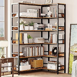 IRONCK Industrial Bookshelves 6 Tiers Corner Bookcases with Baffles Etagere Shelf Storage Rack with Metal Frame for Living Room Home Office