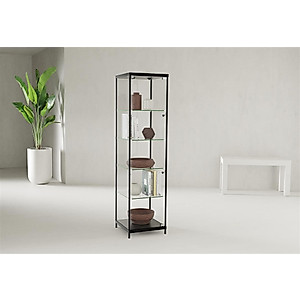 Displays2go Glass Showcase Towers, Tempered Glass Shelves, LED Lighting – Clear, Black (LESC5578BK)