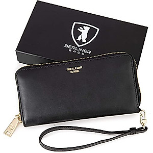 BERLINER BAGS Women’s Wallet Black Leather RFID Blocking Large Ladies’ Purse with Zipper fits 15+ Cards, Cash, Coins