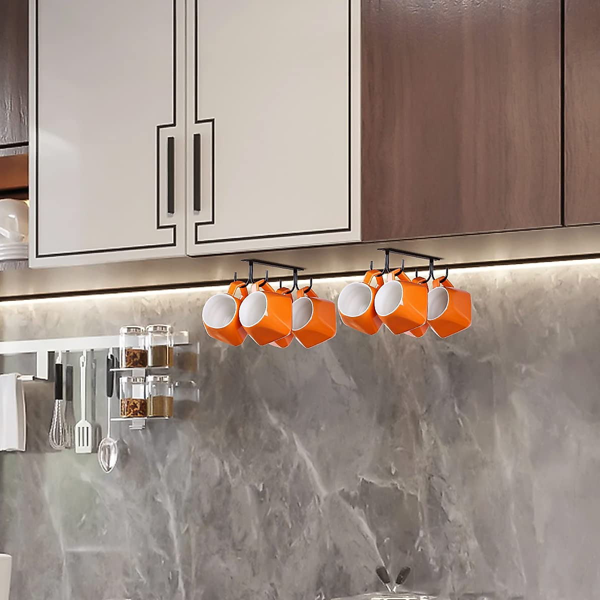 Fvstar 2pcs Mugs Holder Under Cabinet,Coffee Cups Hooks Under Shelf,Metal Mugs Drying Racks,Iron Mugs Hanging Organizer,Under Cabinet Hanger for Mugs,Kitchen Utensils,Black