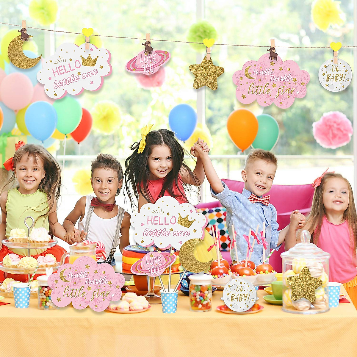 24 Pcs Twinkle Little Star Centerpiece Sticks for Girl Baby Shower Star Party Table Toppers Birthday Party Decoration Moon Decoration Glitter Star Centerpieces Birthday Party Supplies