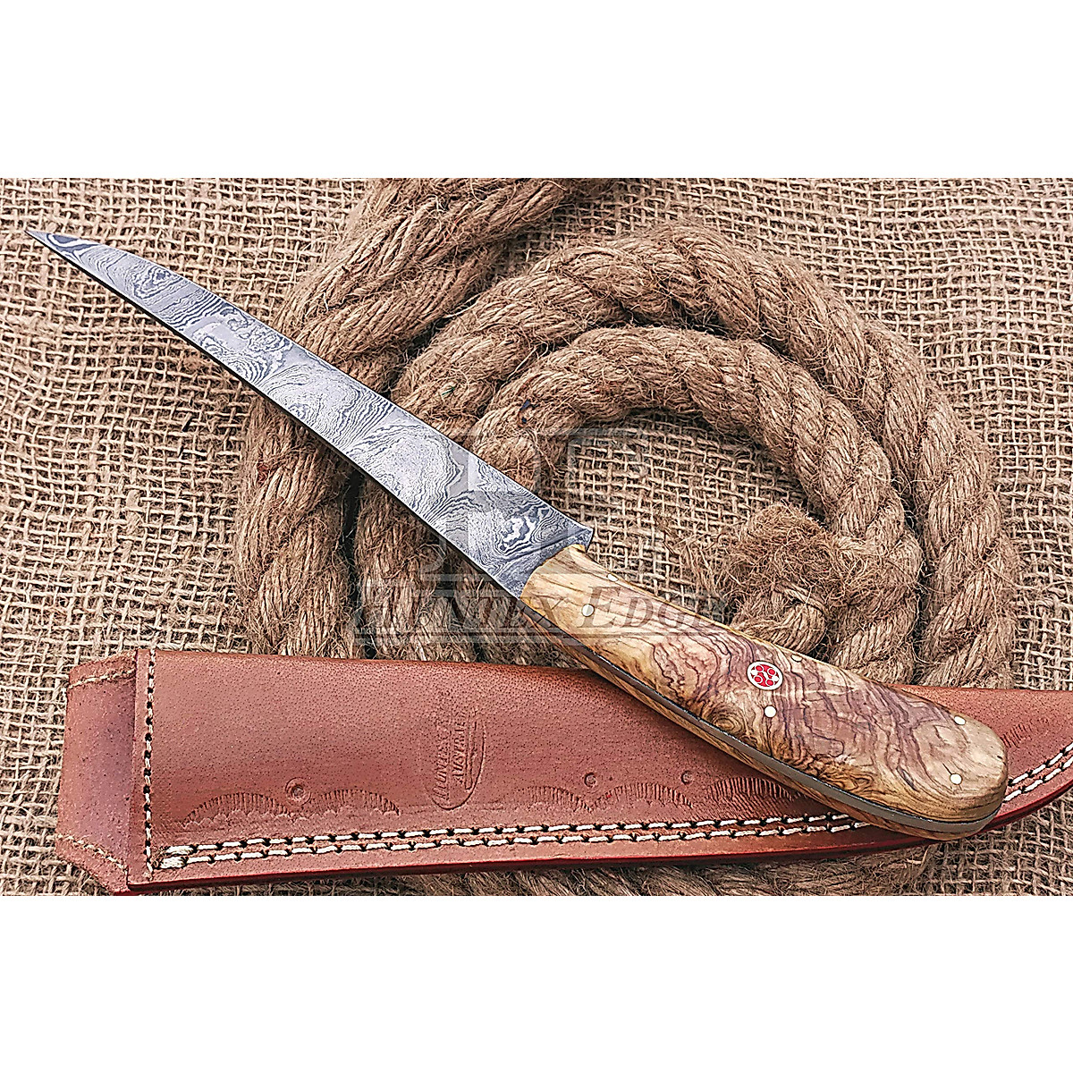 HUNTEX Handmade Hand-Forged Twist Pattern Damascus Steel 11.5 Inch Long Full Tang Olive Wood Handle Razor Sharp Hunting Camping Fillet Knife w/Genuine Leather Pouch