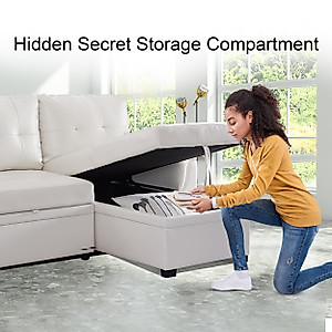 Naomi Home Transform Any Space: Sleeper Sectional Sofa with Convertible Sofa Bed & Inviting Chaise. Find Tranquil Comfort with Stress-Relieving Design & Durable Cushions - White/Air Leather