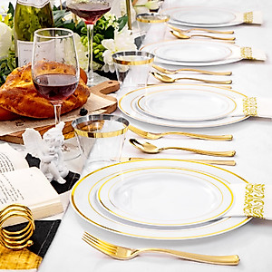 bUCLA 350PCS Gold Plastic Dinnerware Set - Gold Plastic Plates Disposable for 50 Guests Include 50 Dinner Plates,50 Dessert Plates,50 Forks,50 Knives,50 Spoons,50 Cups&50 Napkins for Party