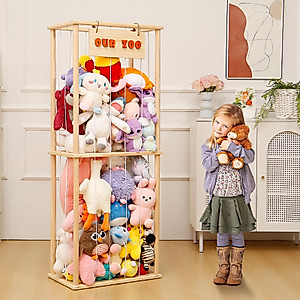 Purelax Stuffed Animal Zoo Storage - Wood Zoo Animals Toy Holder with Wheel, Animal Cage Organizer, Ball Storage, Zoo Cage for Plush Toys for Playroom Bedroom Nursery Room