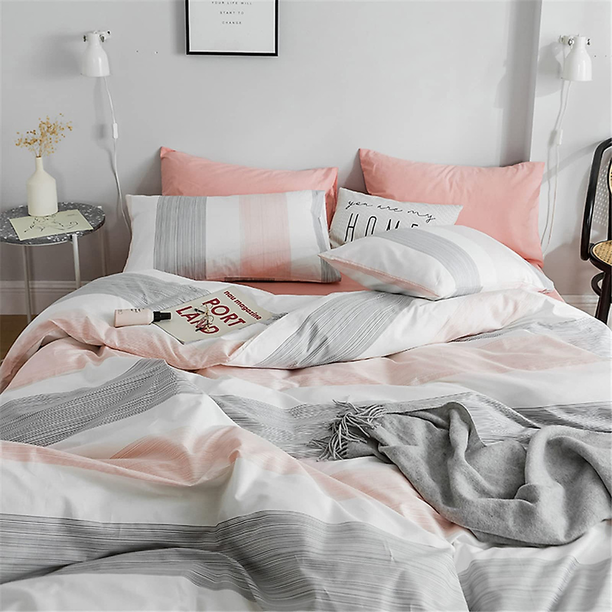 HighBuy Stripe Duvet Cover Queen Bedding Sets Kids Comforter Duvet Cover Grey White Pink Cotton Bedding Sets Queen Comforter Cover with Zipper Kids Duvet Cover Set for Boys Teens