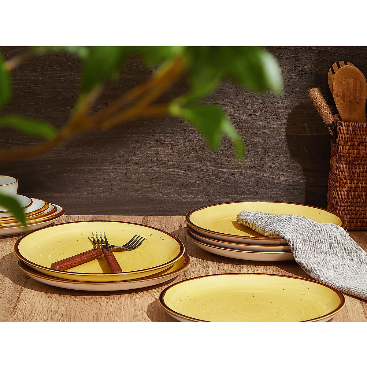 ONEMORE 10.5 inch Dinner Plates and 30 oz Pasta Bowls Bundle - Microwave, Oven and Dishwasher Safe - Yellow