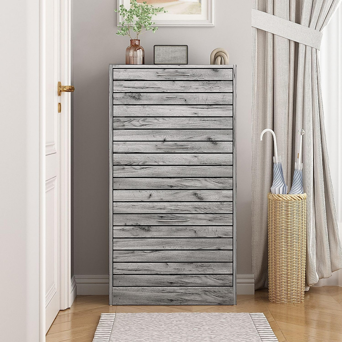 TAMUNE Small Shoe Cabinet with 3 Flip Drawers, Slim Shoe Storage Cabinet Shoe Organizer, Louvered Surface, No Backboard, for Entryway Grey (22.4”W x 9.4”D x 42.3”H)