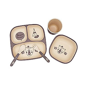 Kids 5 piece Dinnerware Set - Bamboo Toddler Dinner Set - Dishwasher Safe - The Perfect Childrens Dining Set With A Bowl, Plate, Cup And Utensils- Divided Plate Which Is Great For Fussy Eaters