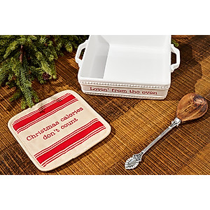 Mud Pie, White, Circa Holiday Baker & Trivet Set, 8.75", 8.75" x 8.75" | holder 7.5" x 7.5" | spoon 10.5