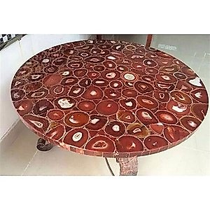 54 x 54 Inches Resin Art with Red Agate Stone Living Room Table for Home Decor Round Shape Marble Dining Table Top