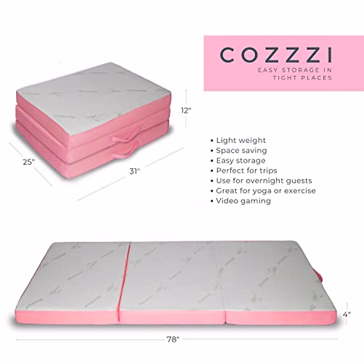 Cozzzi Folding Mattress - Trifold Foam Mattress Topper with Removable Cover -Lightweight and Portable Sleeping Mat - Pink - 31"