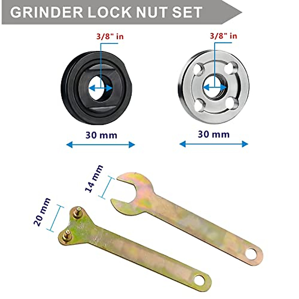 KOSIDA Replacement 100mm Angle Grinder 3/8 Inch Nut Parts Angle Grinder Parts Set Lock Nut Wrench Tool Set Suitable For Electric Drill Angle Grinder 3/8 Inch Arbor Mandrel Shaft Nut Accessories