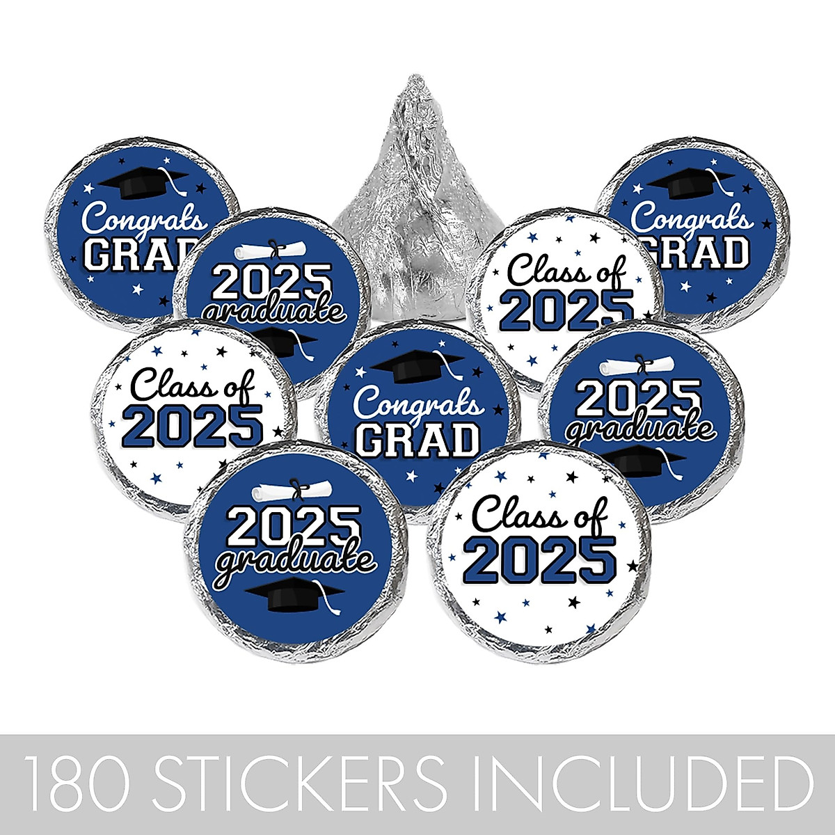 Graduation Party Stickers for Kisses Candy, Chocolate Drops, Grad Party Favors - 180 Count (Blue 2025)