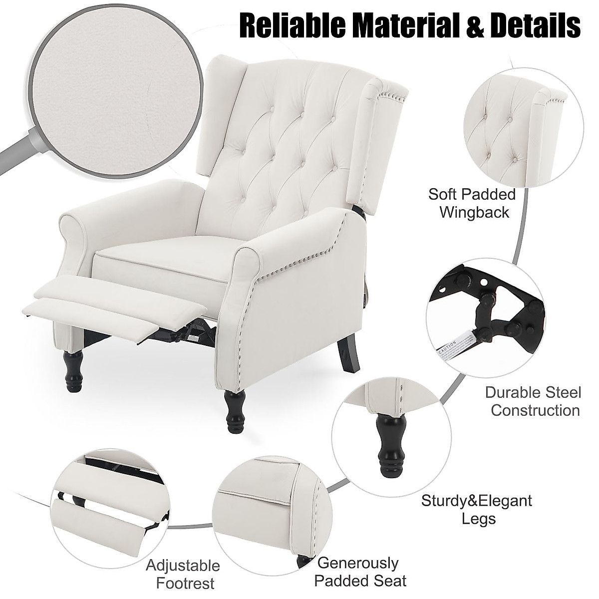 Velvet Accent Chair, Push Back Recliner Chair, Wingback Arm Chair for Living Room/Bedroom/Home Theater/Reception Area, Light Beige