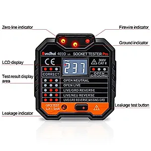 Ruoshui Outlet Tester 48-250V, GFCI Tester CAT II 300V, Receptacle Tester with Voltage Display, Standard US Electrical Socket Tester with 7 Visual Indications for Home & Professional Use…