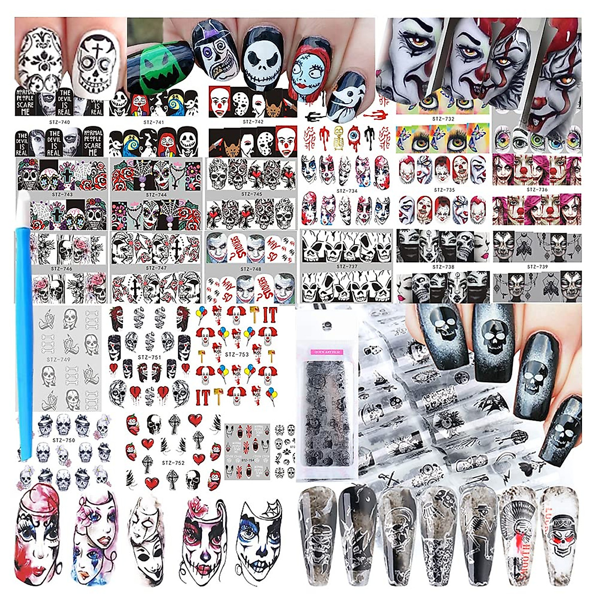 UARUOGP 25 Sheets Halloween Water Transfer Nail Stickers Nail Art Decals,10 Sheets Punk Skull Nails Foil Transfer Stickers,Grimace Skull Eye Spider DIY Decals for Halloween Party(35 Pcs)