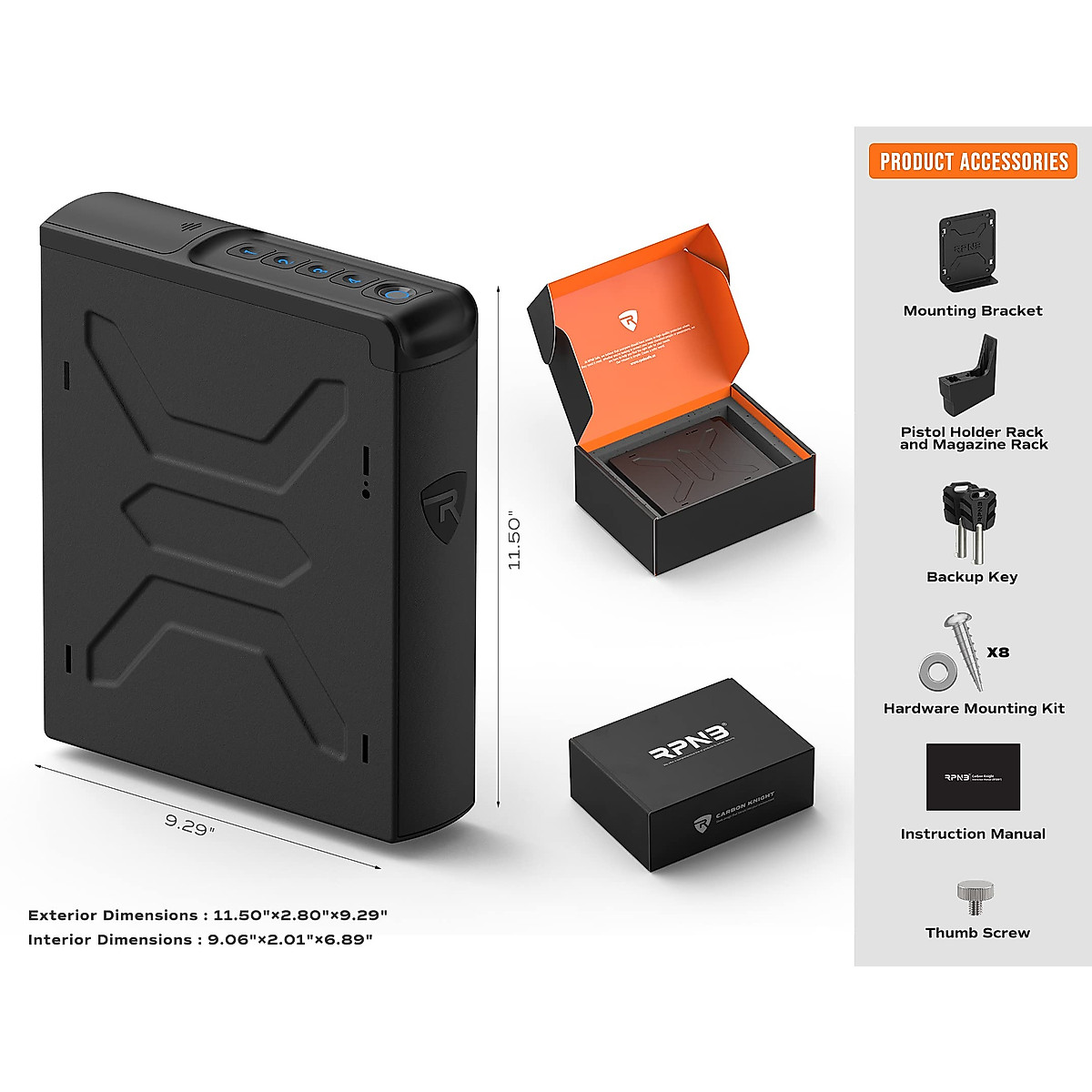 RPNB Gun Safe,Mounted Biometric Nightstand Handgun Safe with Quick Access Sliding Door, Pistol Safes for Wall Bedside Desk Vehicle with the Fingerprint, Keypad, Pistol Holder,Carbon Knight Series
