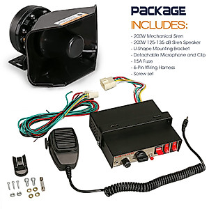 BooYu 12V 200W 9 Tones Police Warning Emergency Siren PA System [180° Design Speaker][125-135dB][Handheld Microphone][Hands-Free][2 x 10A Switches] for Firefighter Ambulance Vehicles Truck SUV ATV UTV