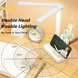 LED Double Head Desk Lamp, Small Desk Lamp for Home Office, White Desk Light for Kids, Desk Lamps with 3 Lighting Modes, Pen Holder, 60 inch Long Cable,Table Lamp for Reading, Studying, Dormitory