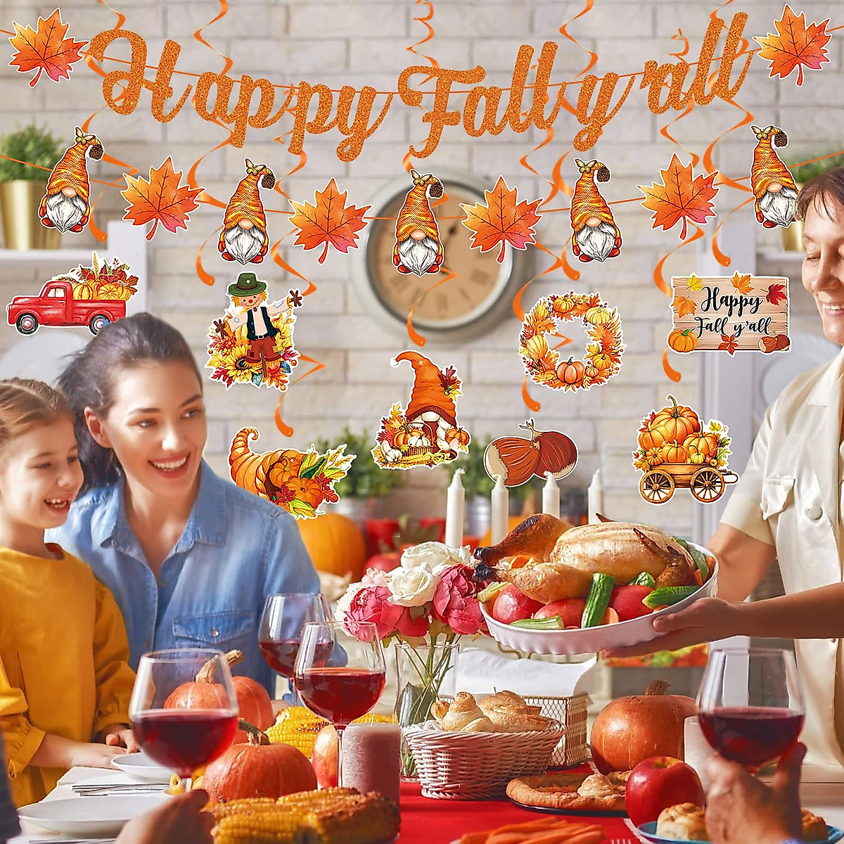 Happy Fall Y'all Decorations, Fall Party Decorations Supplies Glitter Happy Fall Y'all Banner, Pumpkin Maple Leaf Ceiling Hanging Swirls, Maple Garland for Fall Thanksgiving Day