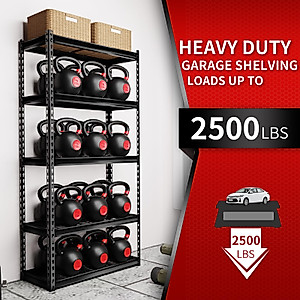 Shuntong The Atlas 30" W x 12" D x 60" H Adjustable Garage Storage Shelves Load 2500 lbs, 5 Tier Heavy Duty Shelving Unit, Metal Utility Storage Rack for Warehouse Pantry Basement Kitchen, Black