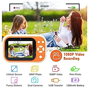 Seemee Instant Print Camera for Kids, Funny Selfie Camera, Kids Digital Camera with 3.5" Screen, 32G Card, Print Papers, Stickers, Dual Cameras HD 1080P, Birthday Gifts Toys for Boys Girls (Beige)