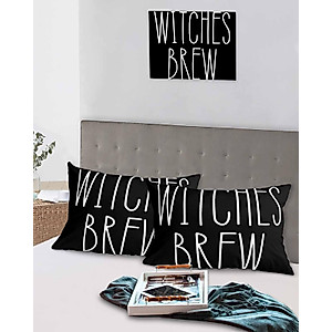 Edwiinsa Halloween Pillow Covers King Standard Set of 2 Bed Pillow, White Words Witches Brew Horror Black Plush Soft Comfort for Hair/Skin Cooling Pillowcases with Envelop Closure 20''x36''