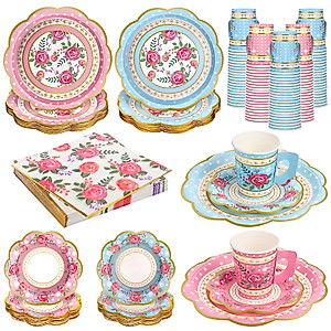 200 Pcs Disposable Tea Party Cups and Saucers Set, 50 Guests Floral Tea Party Supplies Include 9 oz Paper Tea Cups with Handle, 9 Inch Paper Plates, Saucers Napkins for Tea Party Birthday Wedding