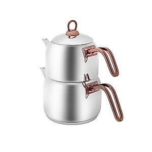 Karaca Manes Medium Turkish Teapot Set - Stainless Steel Teapot with Lid - (Turkish Tea Pot 1.35 Liters & Water Tank 1.95 Liters) - Non-Burning Bakelite Handles Midi Tea Maker & Induction Tea Kettle