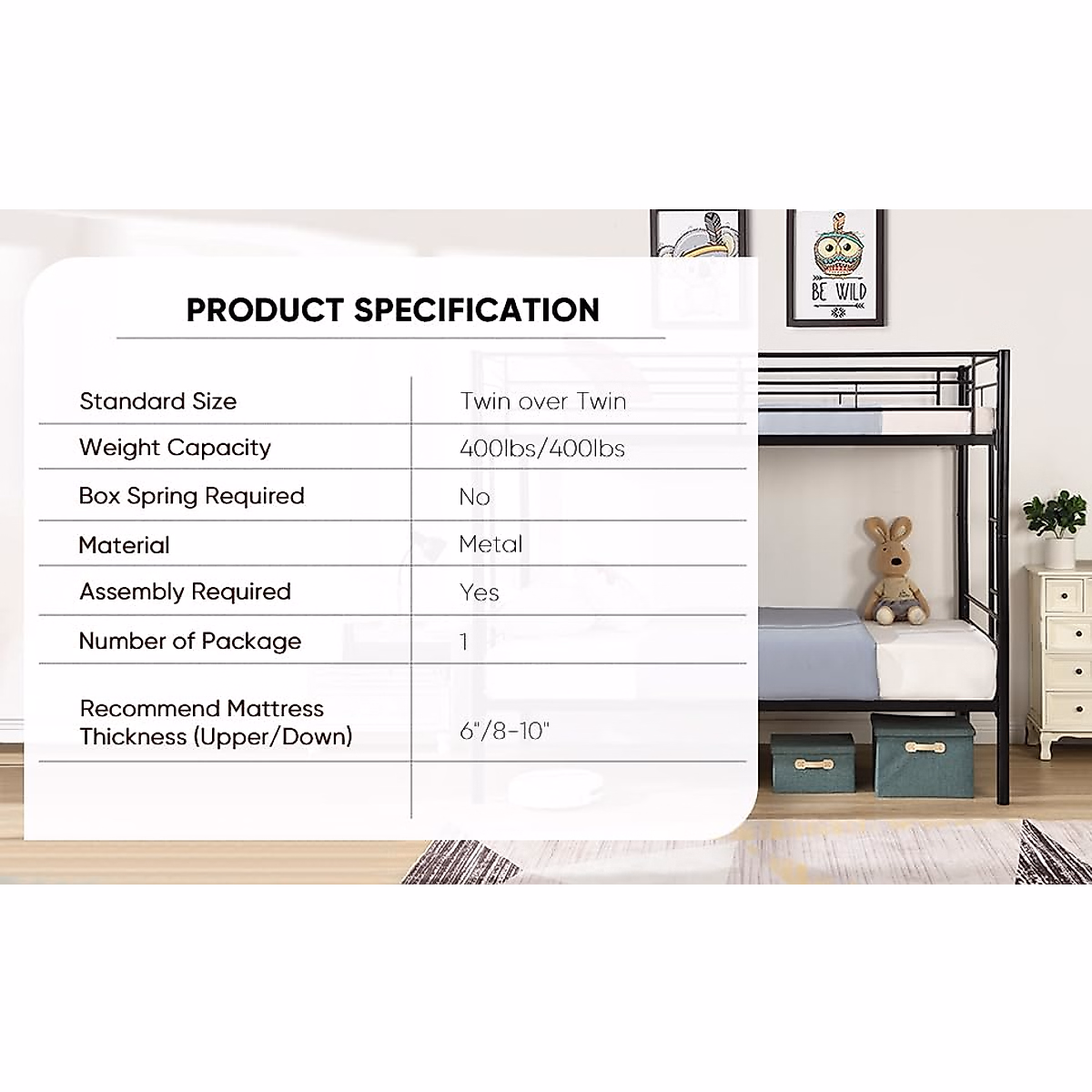 HomJoones Metal Bunk Bed Twin Over Twin Sturdy Heavy Duty Bunk Beds with 2 Side Ladders,Space Saving,No Box Spring Needed,for Boys Girls Teens Adults, Bedroom, Dormitory (Black)