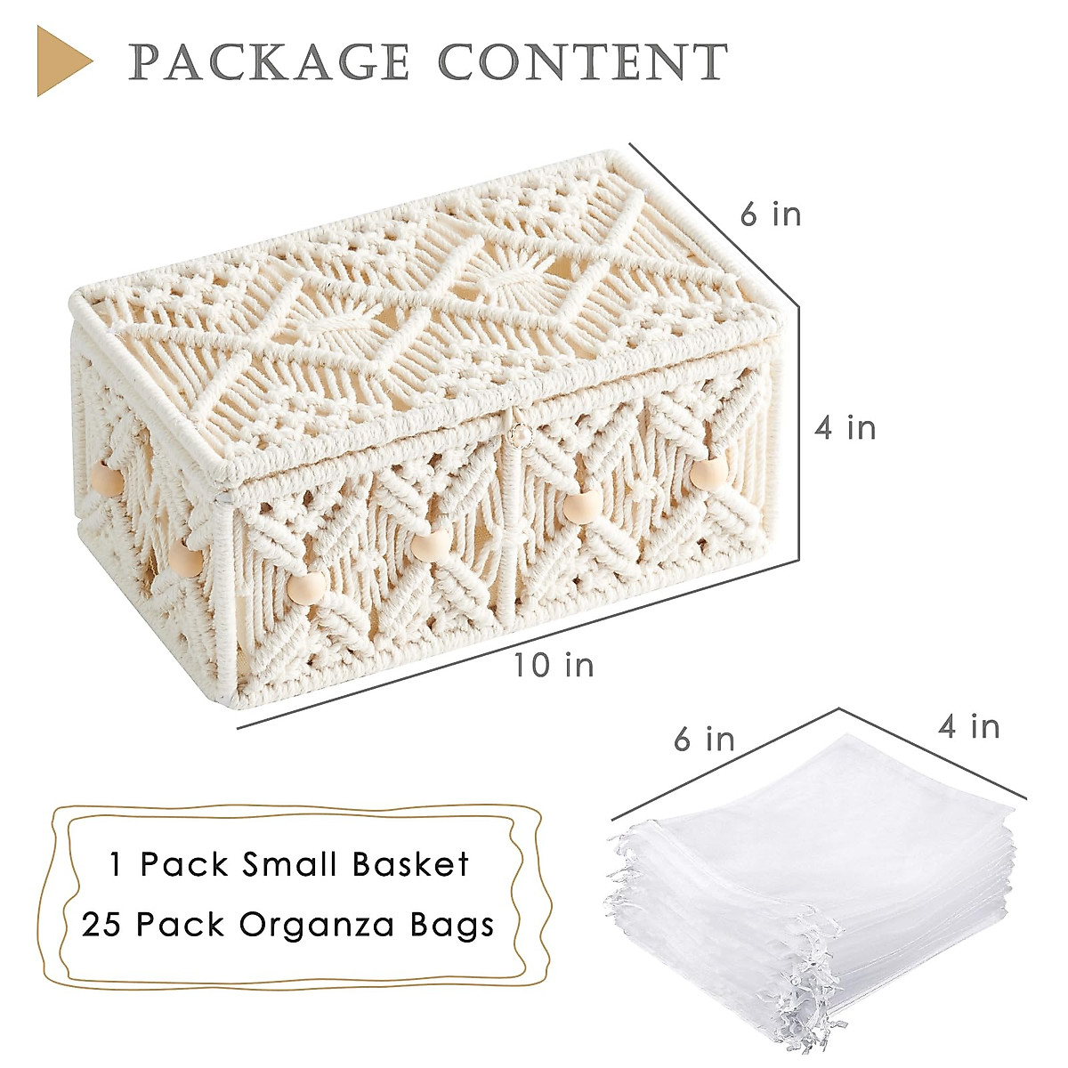 VinneGenzz Boho Macrame Storage Basket with Lid Organza Gift Bags Decorative Wood Beads Bohemian Jewelry Box Bin Handmade Woven Natural Cotton Desk Makeup Organizer Shelf Container (Small Size)