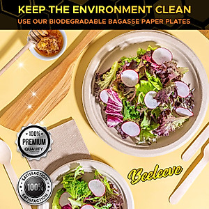 Beeleeve [125-Pack / 9-Inch 100% Compostable Disposable Round Bagasse Paper Plates - Biodegradable Sugarcane Fibre - Strong Heavy Duty Rigid Design - Sustainable & Food-Grade - Natural Brown Colour