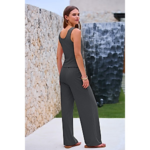 PRETTYGARDEN Women's Summer Casual Two Piece Outfits Sweatsuits Tank Scoop Neck Ribbed Knit Long Pants Tracksuits (Light Grey,X-Large)