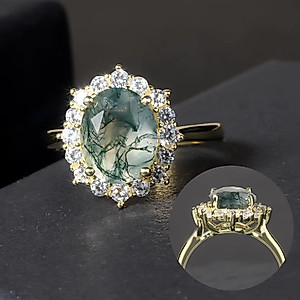 Moss Agate Ring Oval Cut Natural 925 Sterling Silver Ring Gemstone Genuine Vintage Ring Moss Agate Engagement Ring Jewelry Promise Wedding Statement Ring for Women Mom Love Birthday Gift 10x8 mm