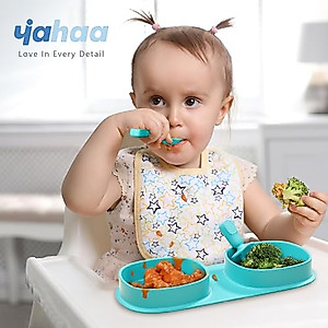 yahaa Toddler Plates Travel Essential on the go,Baby Plates with Forks and Spoons Self Feeding 6 months,Foldable,Silicone,BPA Free,Aqua