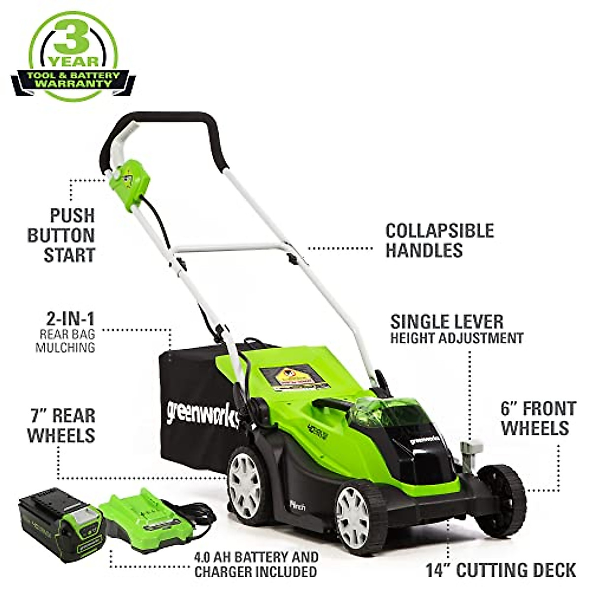 Greenworks 40V 14" Cordless Electric Lawn Mower, Leaf Blower (120 MPH / 500 CFM), String Trimmer, 4.0Ah Battery and Charger