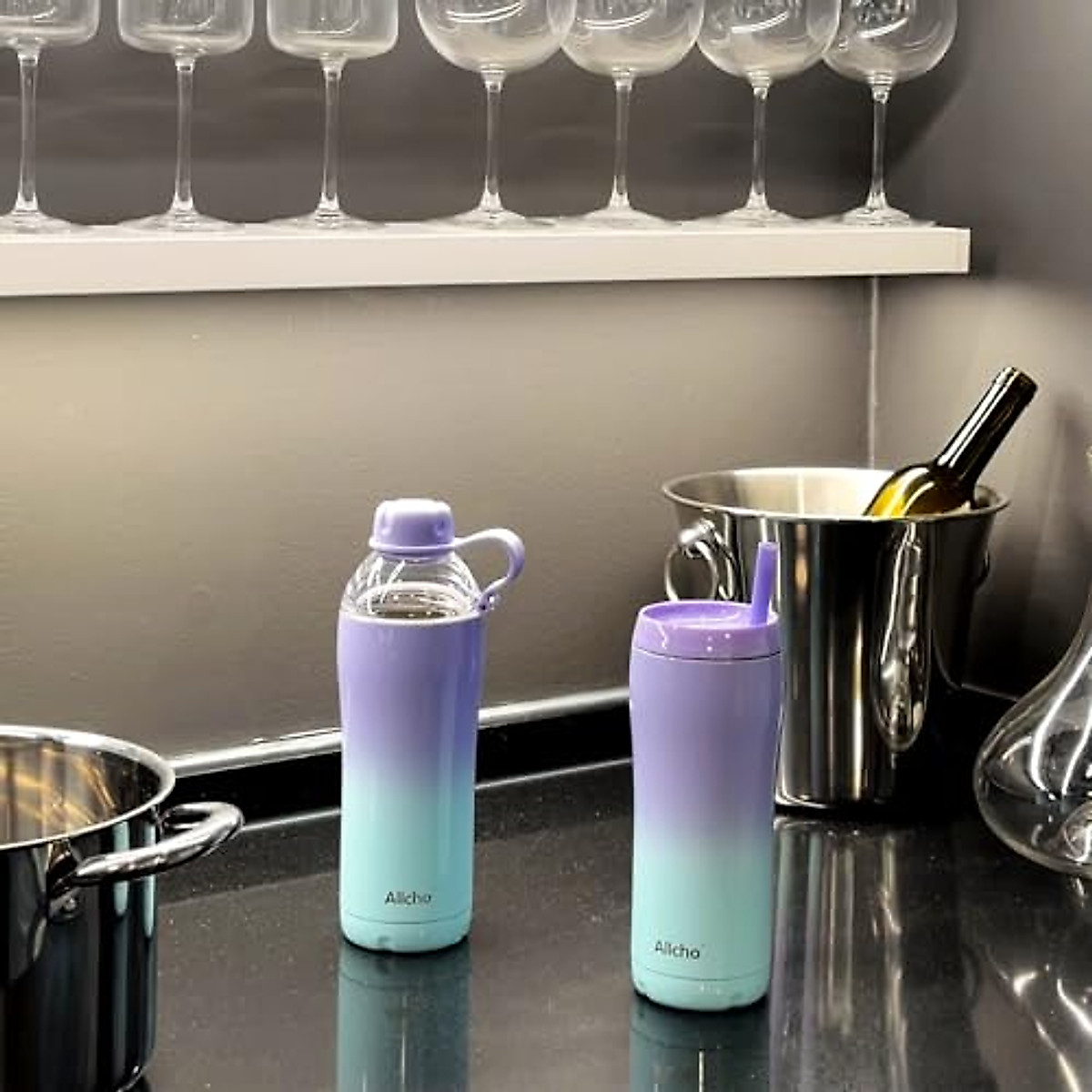 Allcho Insulated Water Bottle for Women, 18 oz Stainless Steel Water Bottles, Double Walled, 2 Lids (Chug & Tumbler) - Hydrate & Caffeinate, Gifts