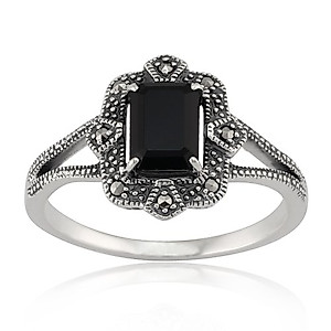 925 Sterling Silver Art Deco Black Spinel & Marcasite Ring