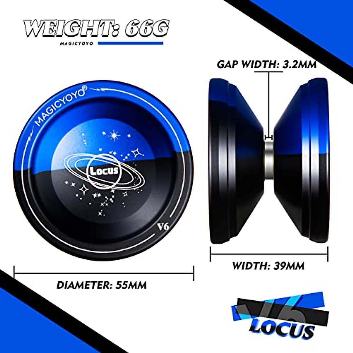 MAGICYOYO Responsive V6 Black Blue Aluminum YoYo for Kids Beginner Learner with 1 Yoyo Storage Bag, 1 Unresponsive Bearing Kit, 12 Yoyo Strings
