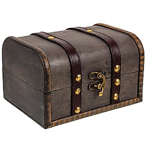 Garneck Treasure Chest Box Wooden Vintage Jewelry Box with Lock Decorative Box Jewelry Container Handcrafted Leather Trinket Box for Home Decor, Grey