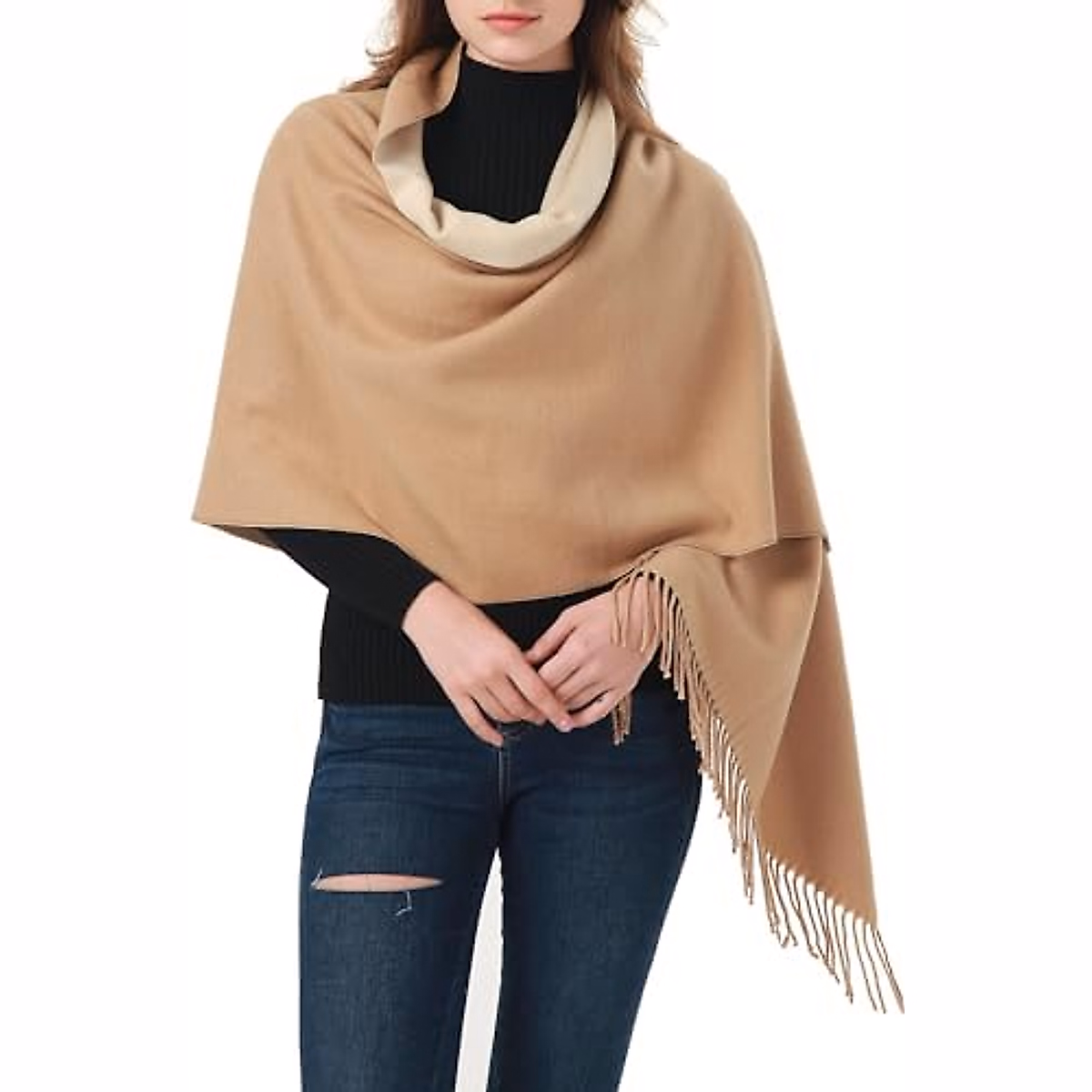 MEANBEAUTY Women's Pashmina Shawls and Wraps Cashmere Feel Large Scarf Winter Scarves Two-Color Blanket for Wedding Gifts-beige