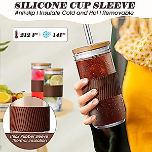 IPOW 24OZ Glass Cups with Lids and Metal Straws 2 Pack, Iced Coffee Cups with Bamboo Lids, Cute Boba Cup with Non-slip Sleeve, Clear Drinking Glasses for Bubble Tea, Smoothies, Juices, Sauces