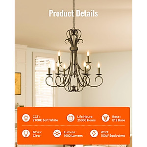 OMED E12 LED Candelabra Bulb 100 Watt Equivalent, 2700K Soft White, Dimmable LED Chandelier Light Bulbs, 7W 1000 Lumen Clear LED Candle Light Bulbs for Living Room, Light Fixture, 6 Pack